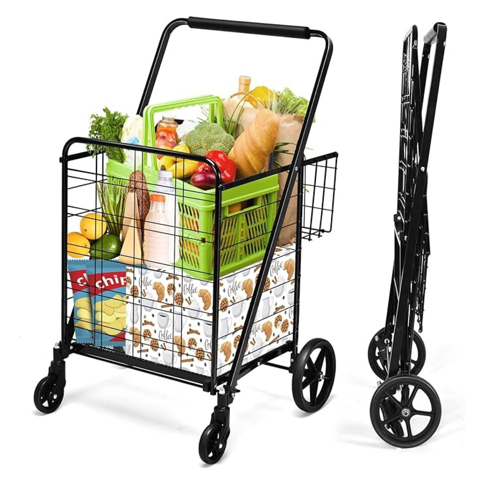 Folding Shopping Cart, Jumbo Double Basket Grocery Cart with Wheels - 330lbs Capacity, Heavy ...