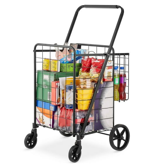 Folding Shopping Cart, Jumbo Grocery Cart 110 LBS, 360° Wheels, Heavy ...