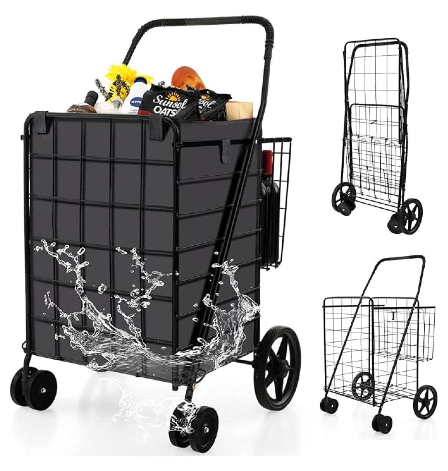 Folding Shopping Cart, Metal Grocery Cart with Extra Basket, 360 ...