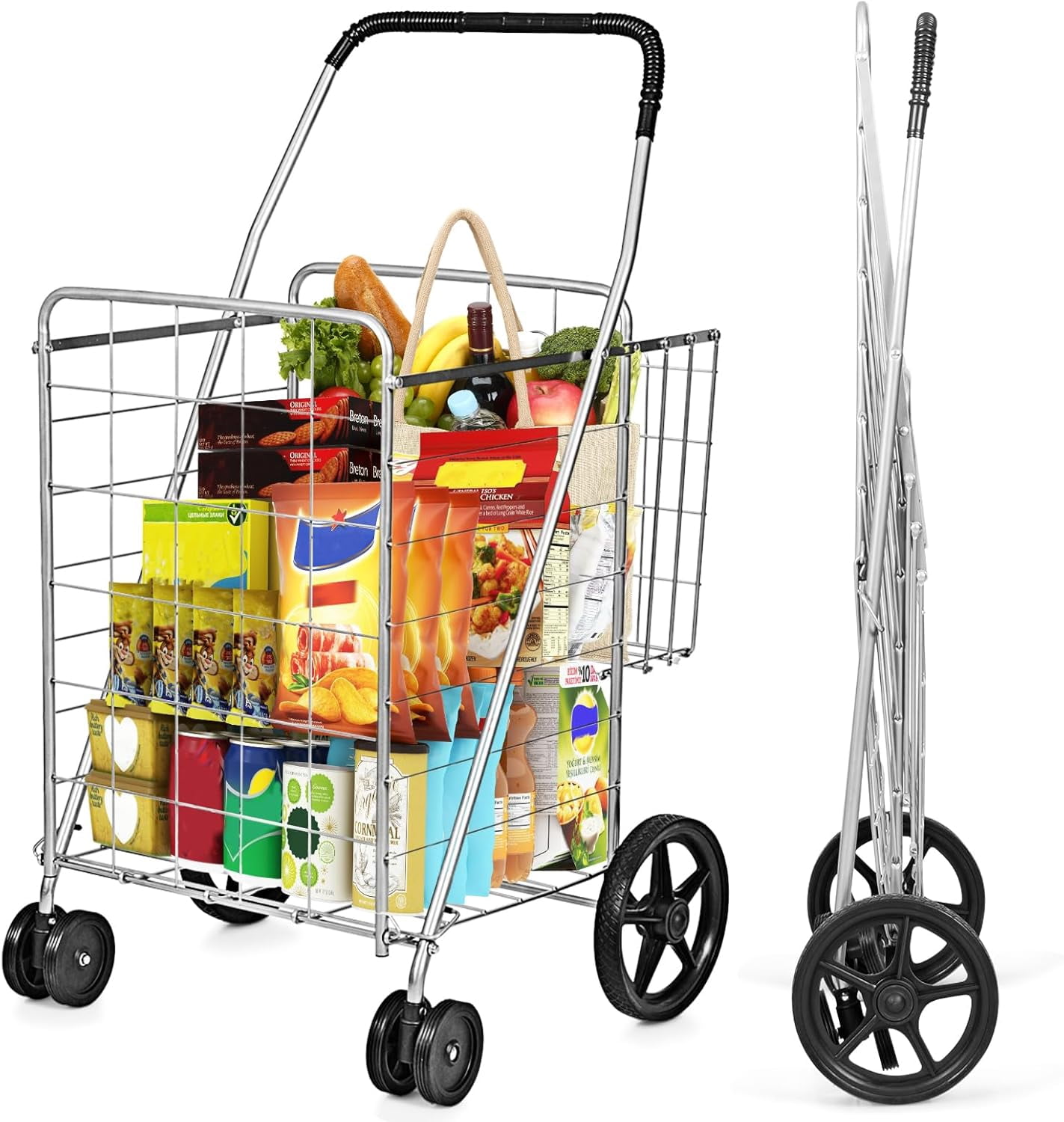 Folding Shopping Cart, Metal Grocery Cart with Extra Basket, 360 ...