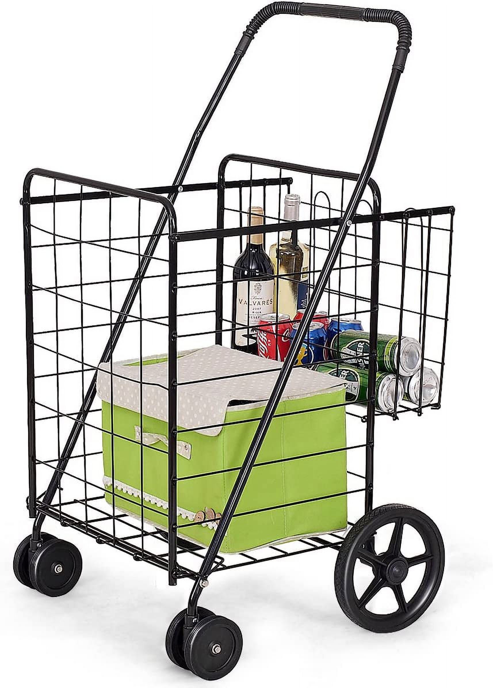 Folding Shopping Cart, Metal Grocery Cart w/Extra Basket & 360° Swivel ...