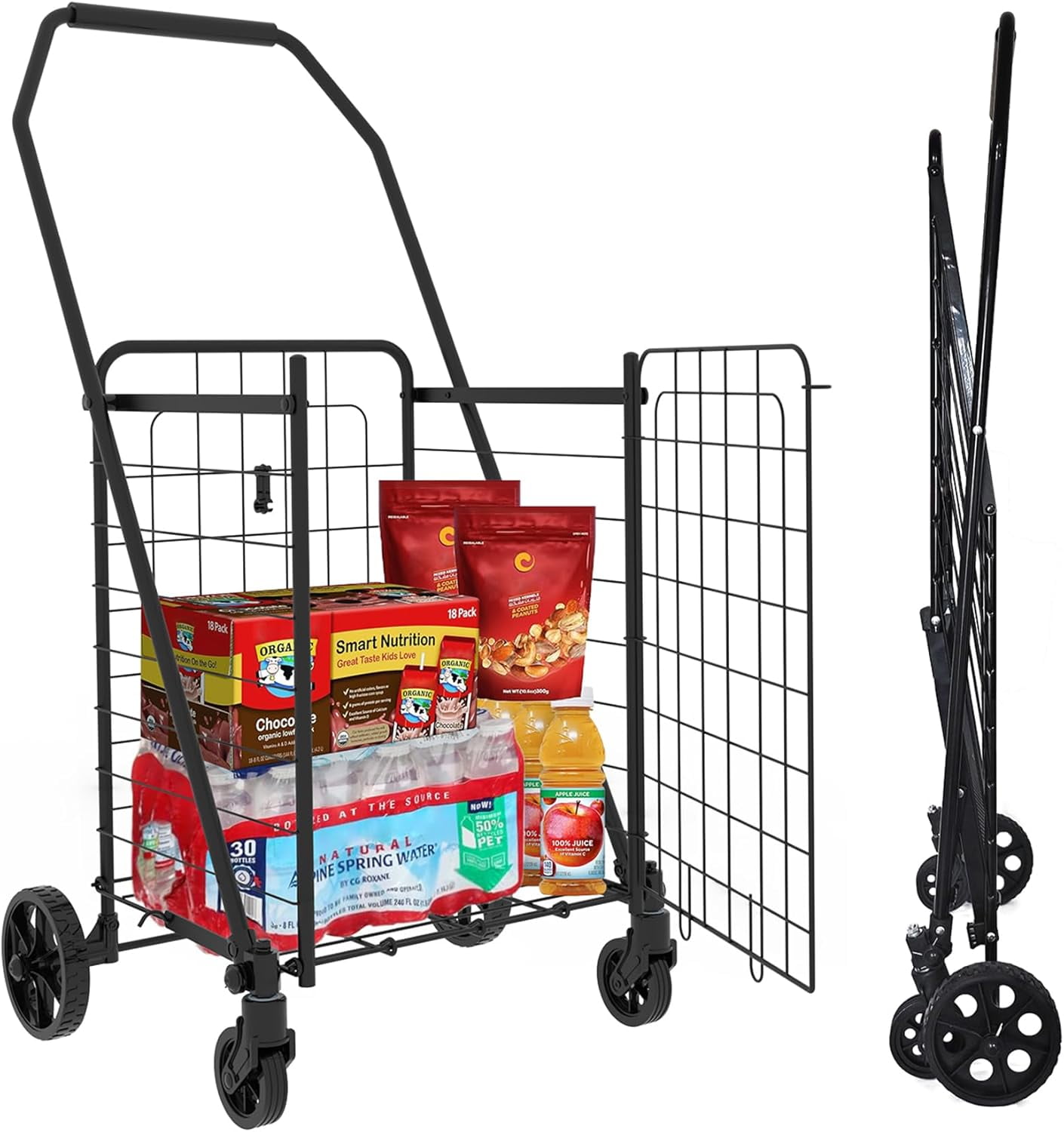 Folding Shopping Cart with Open Door, Lightweight Grocery Cart on Wheels, 360° Swivel Wheels ...