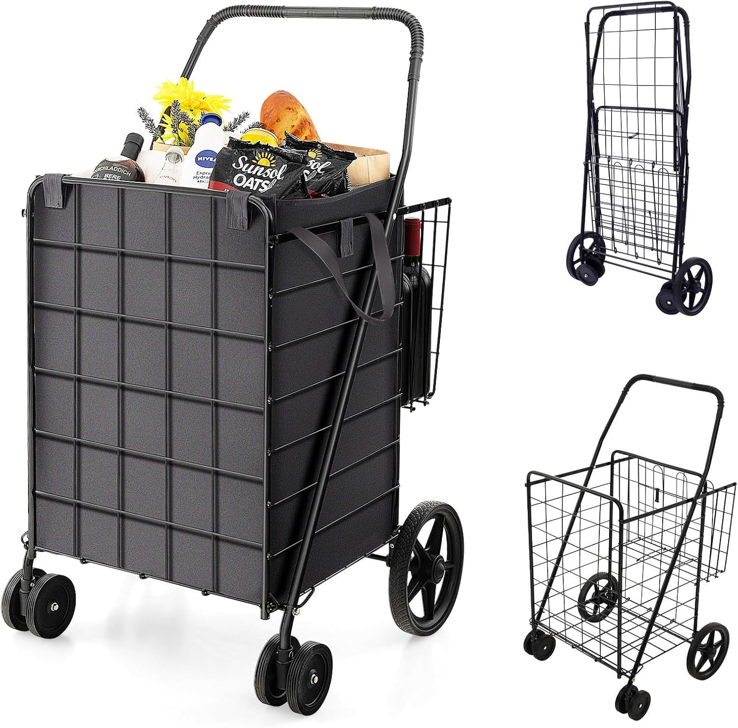 Folding Shopping Cart with Rolling Swivel Wheels, Foldable Grocery Cart ...