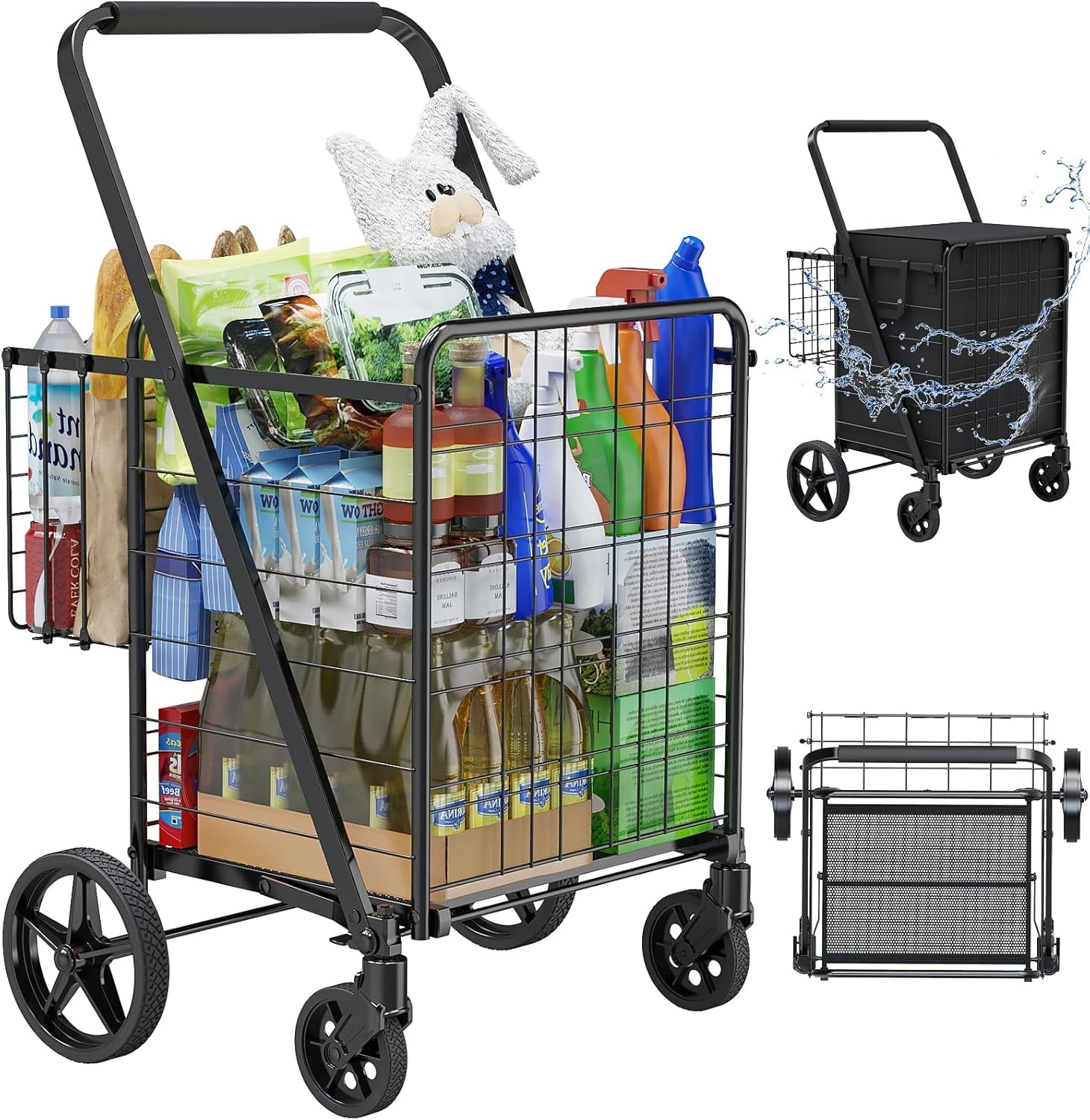 Folding Shopping Cart with Waterproof Bag, Grocery Cart with Encrypted Mesh Bottom, 23 Gal ...