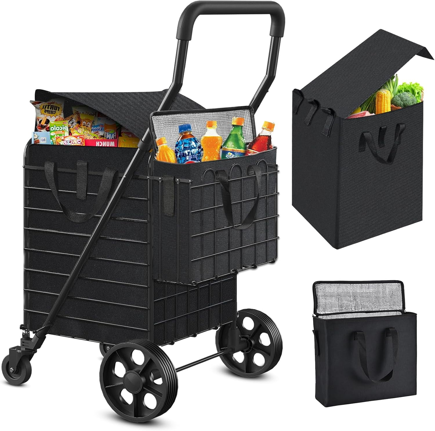 Folding Shopping Cart with Waterproof Basket Liner and Insulated Bag ...