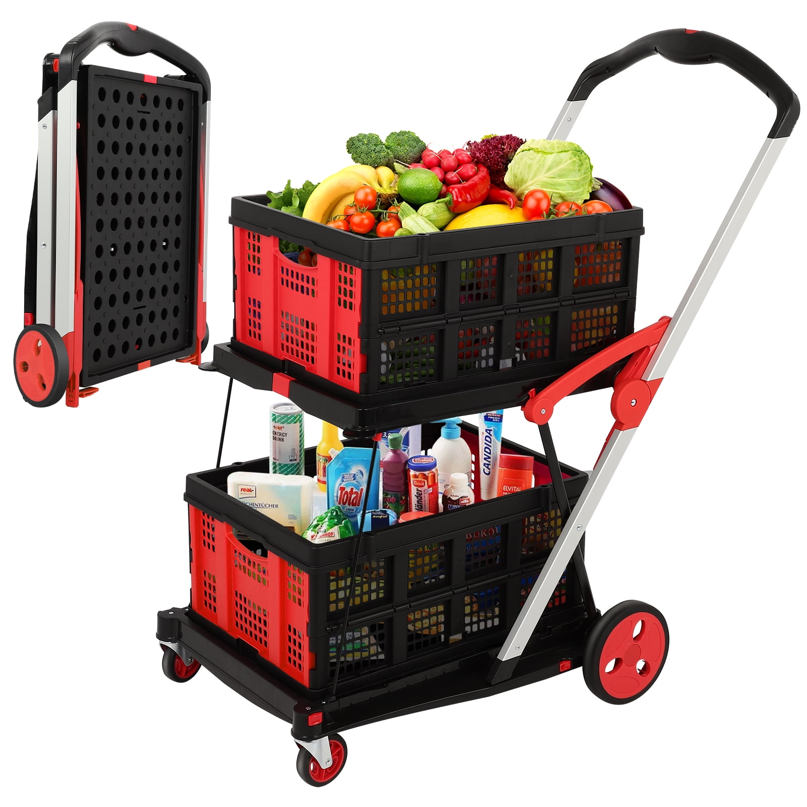 Folding Shopping Cart with Wheels, Collapsible Cart with 2 Storage ...