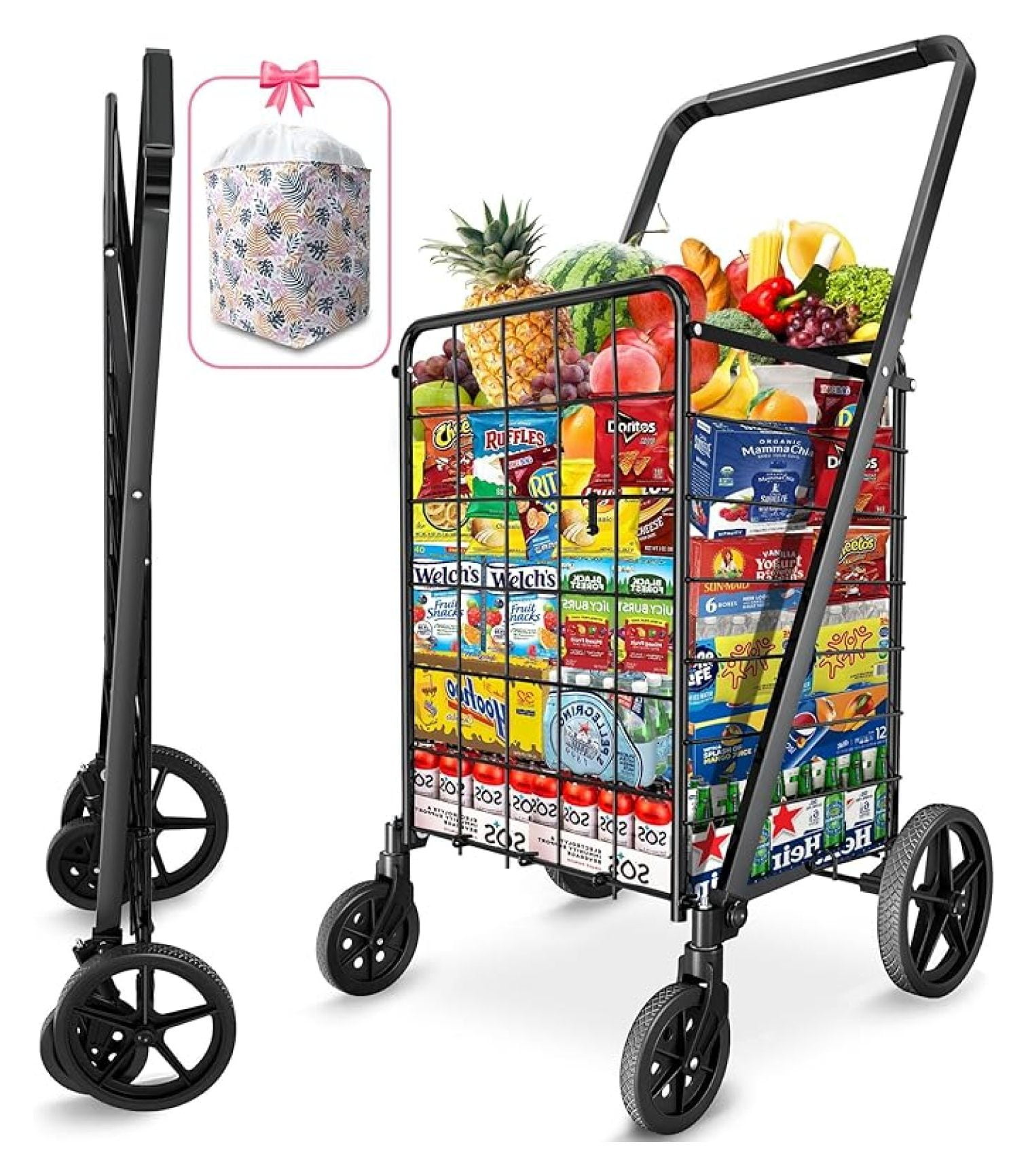 Folding Shopping Carts for Groceries,27GAL/220lb,Grocery Cart with 360 ...