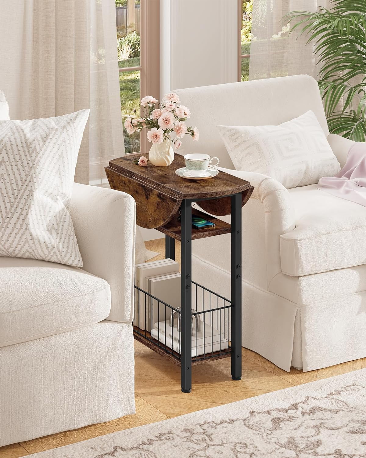 Folding Side Table, Side Table with Charging Station, 3-Tier Narrow End ...