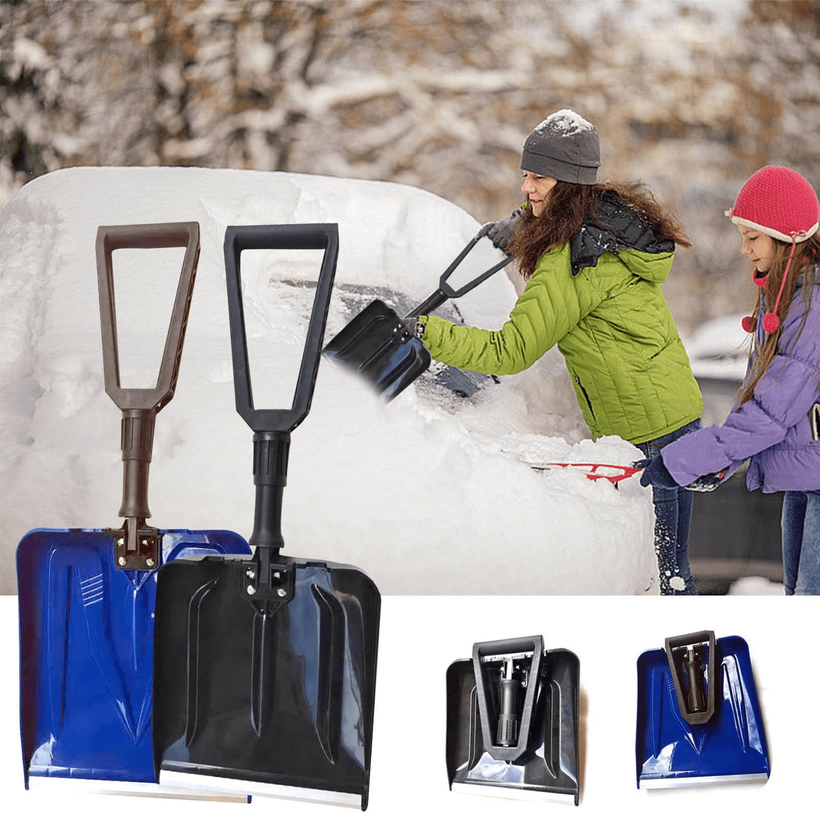 Folding Snow Shovel with D-Shaped Handle & Aluminum Blades - Heavy-Duty ...