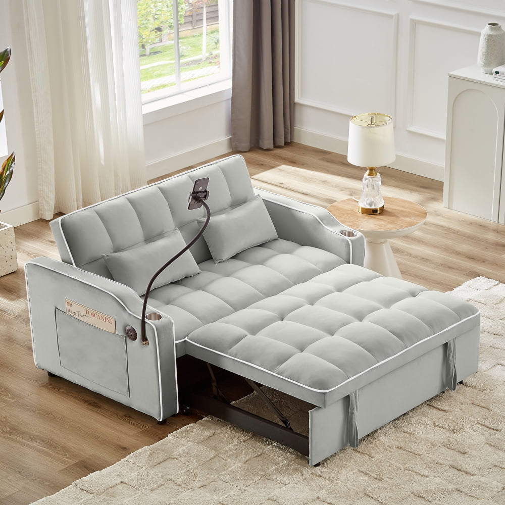 Folding Sofa Bed, Modern Sofa Velvet Pull-out Bed with Adjustable Backrest, Equipped with USB ...