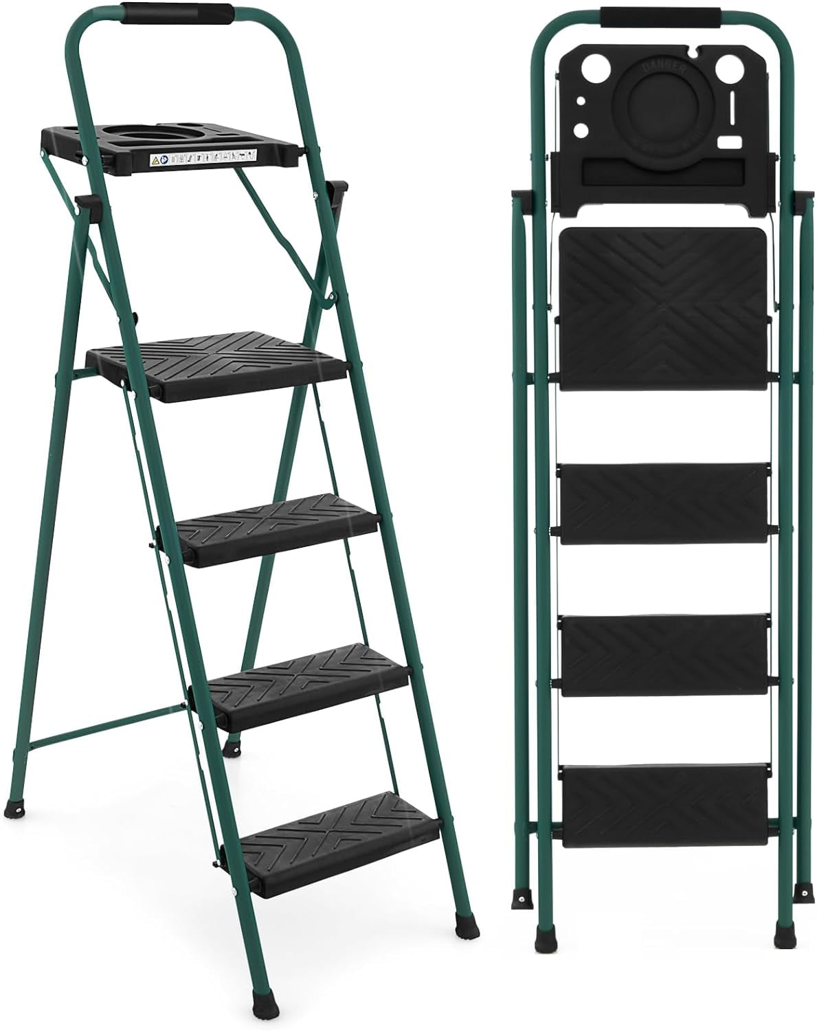 Folding Step Ladder, 4-Step Ladder w/Tool Tray, Non-Slip Footpads ...
