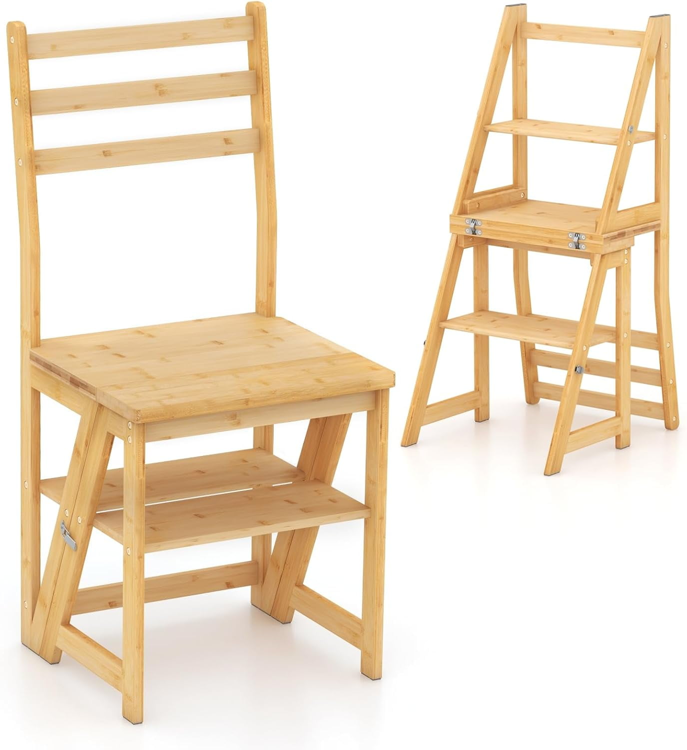 Folding Step Ladder Chair, 3-Step Bamboo Ladder Stool, Multifunctional ...