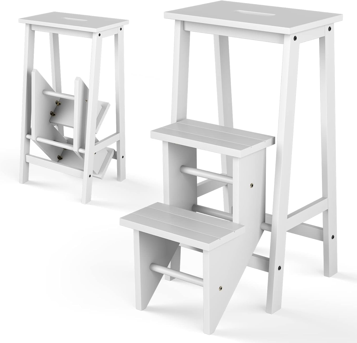 Folding Step Stool 3 Tier Wood Ladder, 3-in-1 Design with Ladder, Stool ...