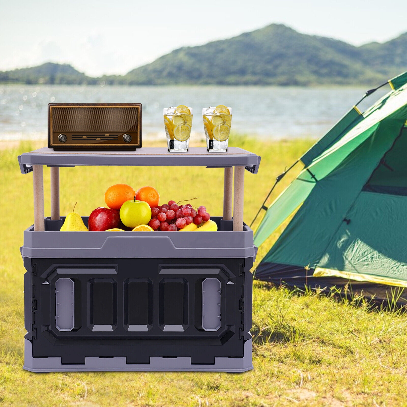 Folding Storage Box w/ Table Food Container Bins Foldable Case Camping ...
