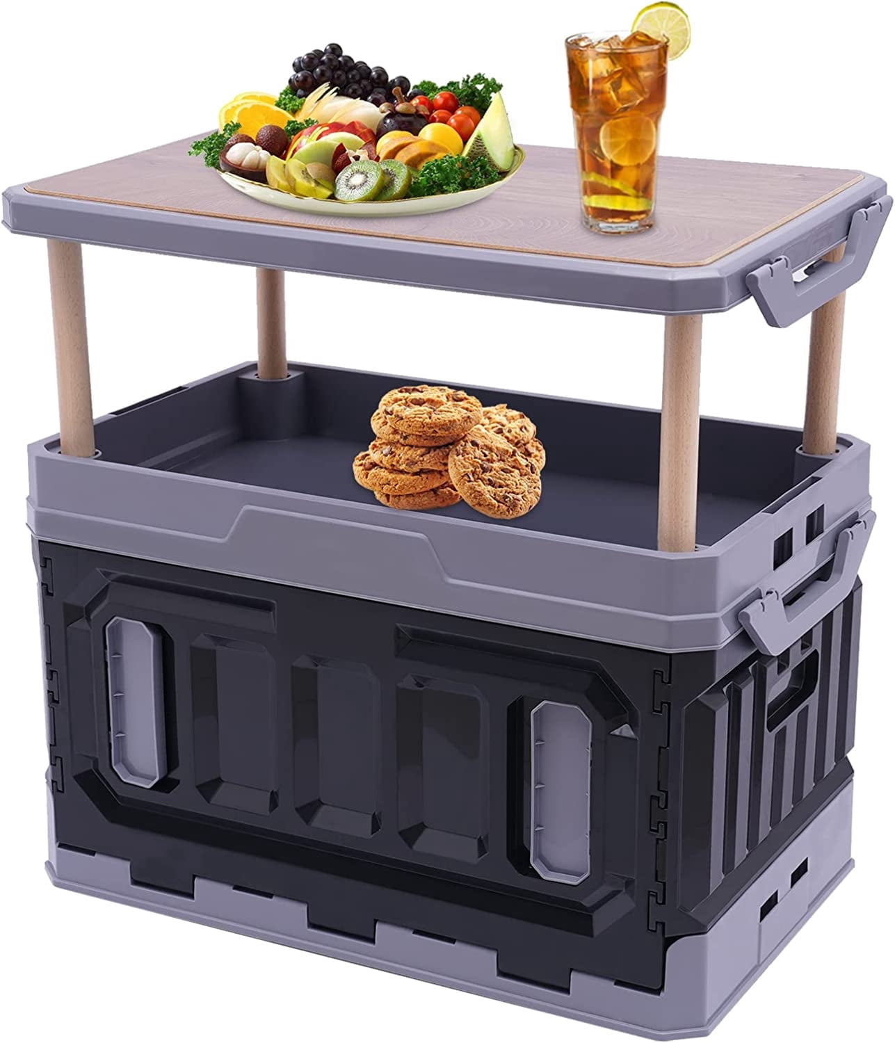 Folding Storage Box with Wooden Table Board, 95L Camping Collapsible ...