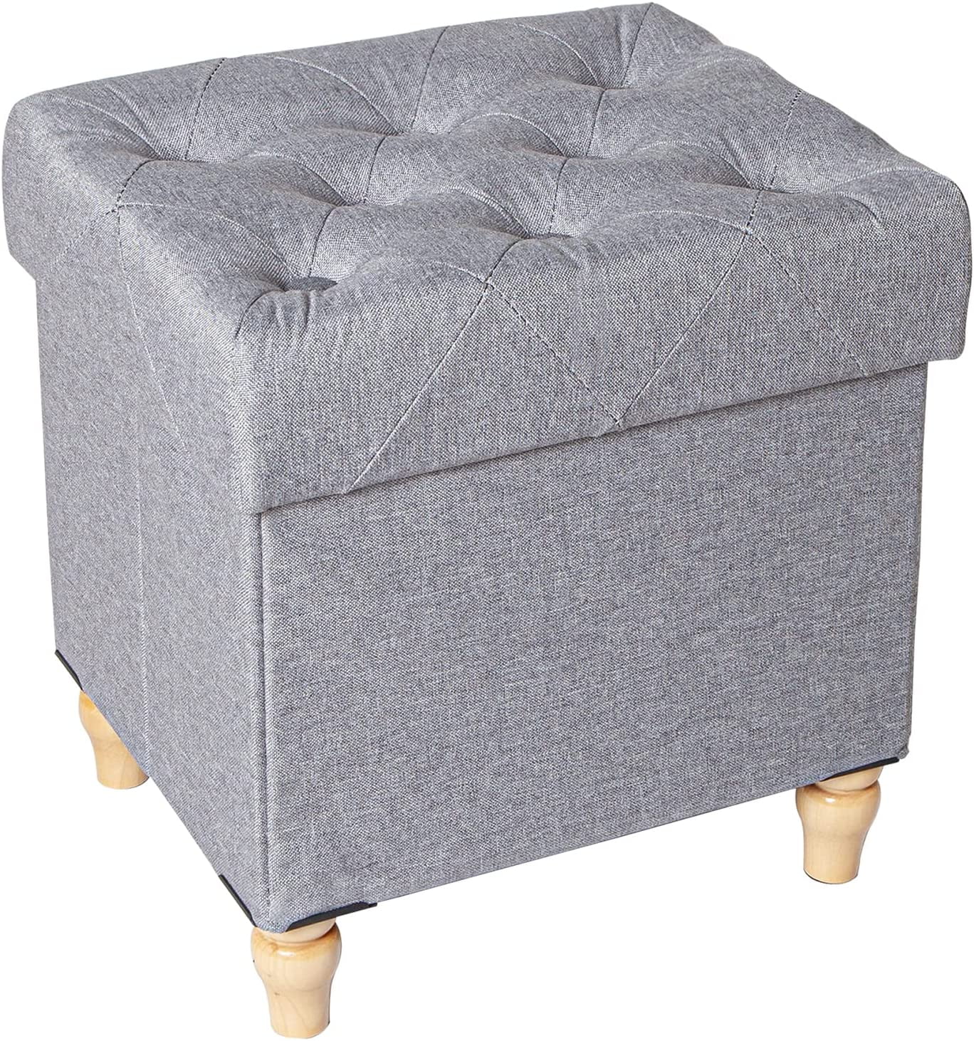 Folding Storage Ottoman Cube Linen Footstool with Wood Legs Ottoman ...