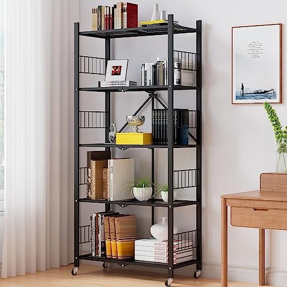 Folding Storage Shelves, 5-Tier/4-Tier/3-Tier Metal Collapsible Shelves with Wheels, Shelving ...