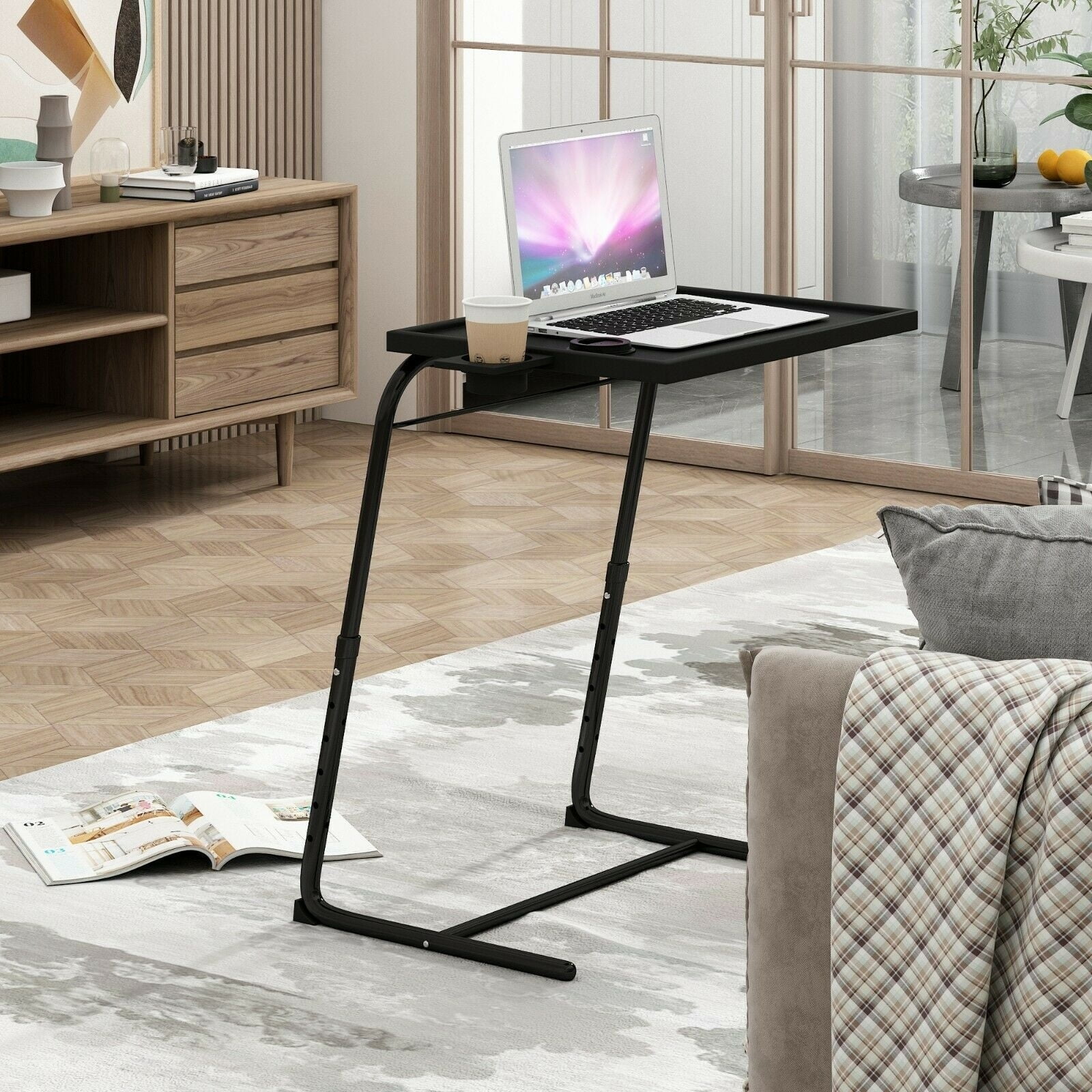 Folding TV Tray Laptop Table End Table Height Adjustable Cup Holder ...