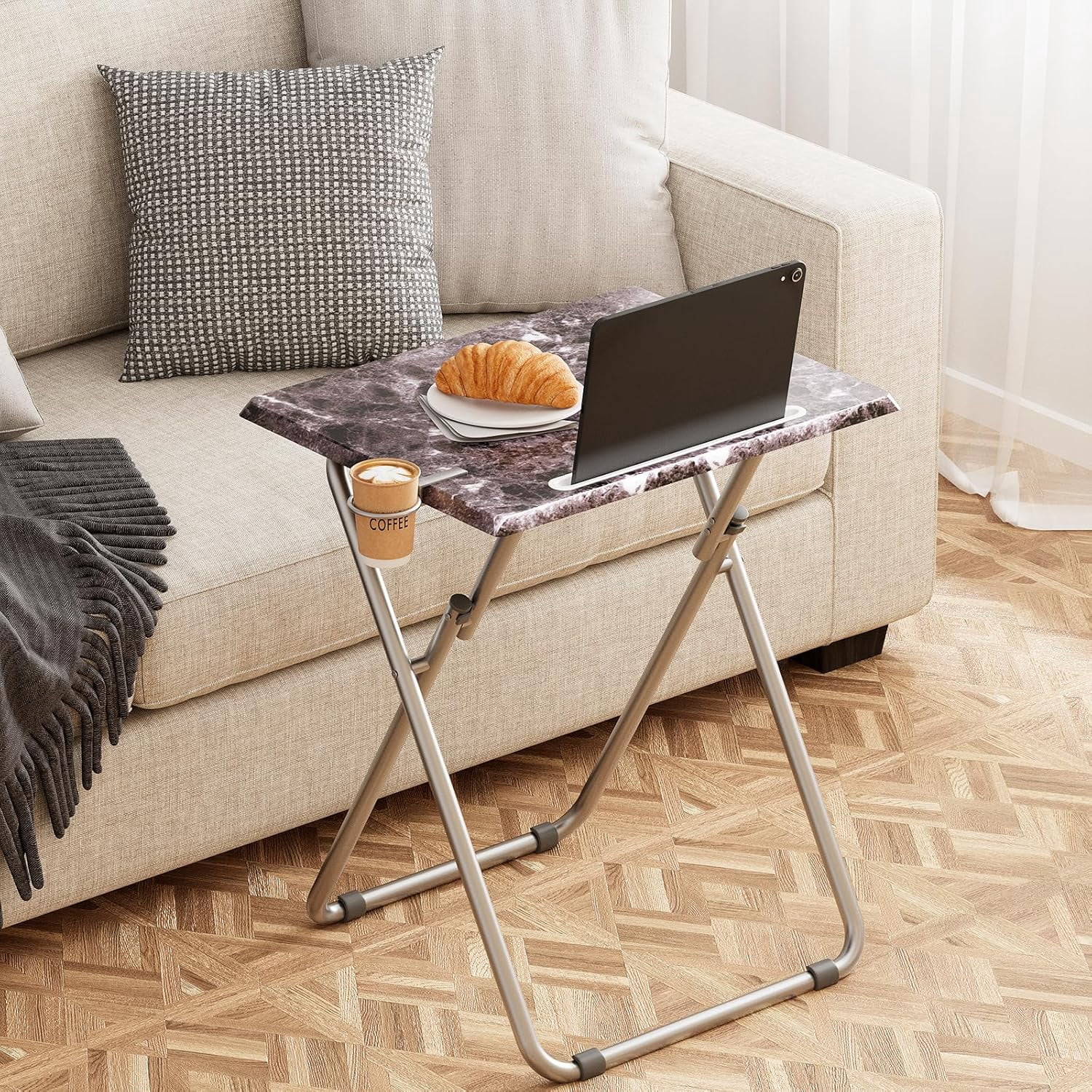 Folding TV Tray Table with Cup Holder, TV Dinner Table with Sturdy MDF ...