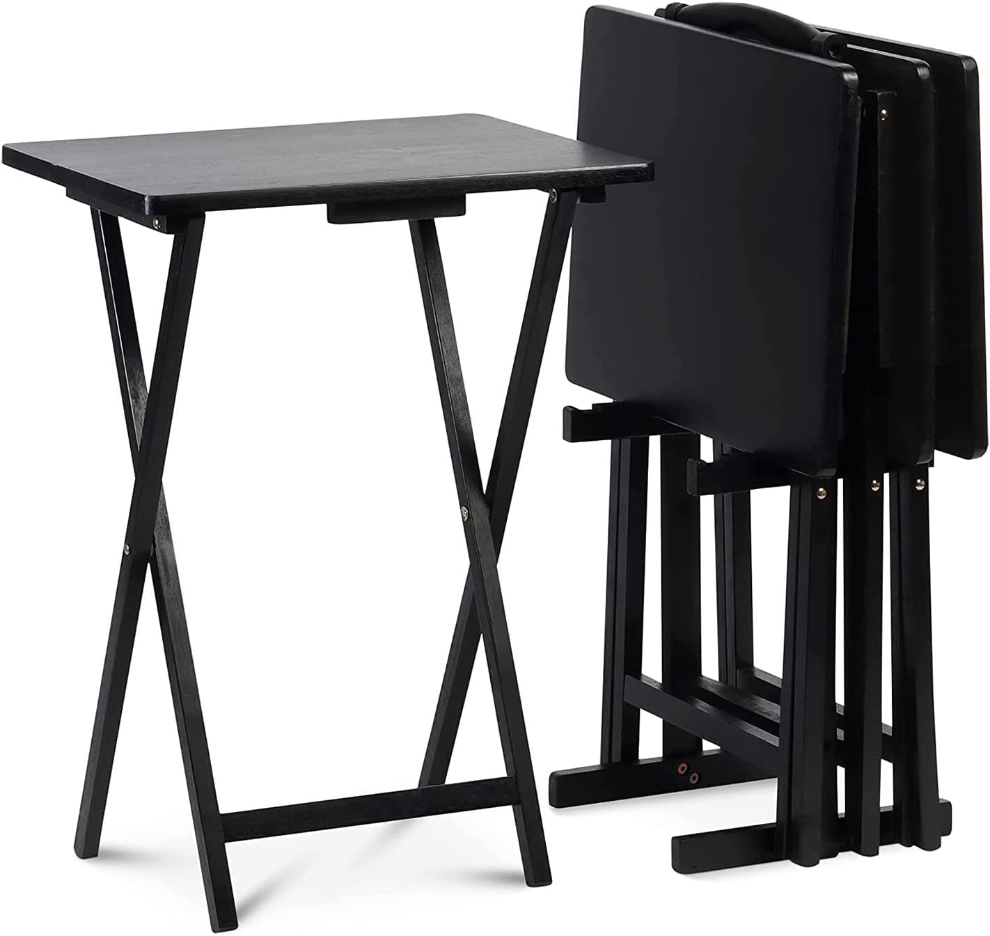 Folding TV Tray Table & Snack Table with Storage Rack, Black - 5 Piece ...
