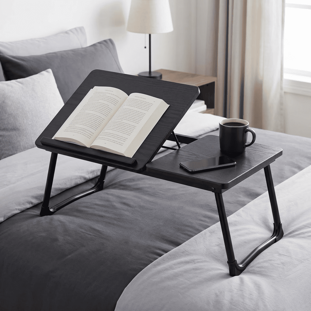 Folding TV Tray Table with Adjustable Tilt Top, Black Woodgrain ...