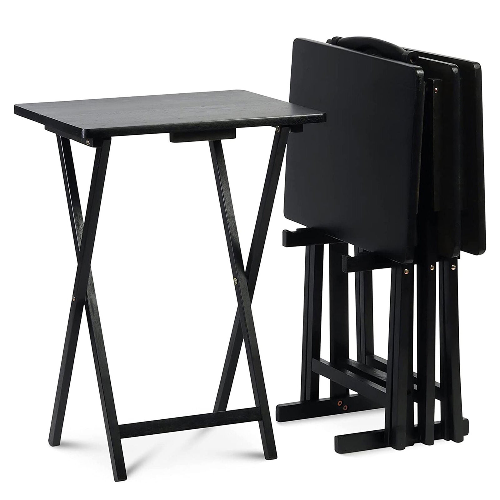 Folding TV Tray Tables with Compact Storage Rack, Black, 5 Piece Set ...