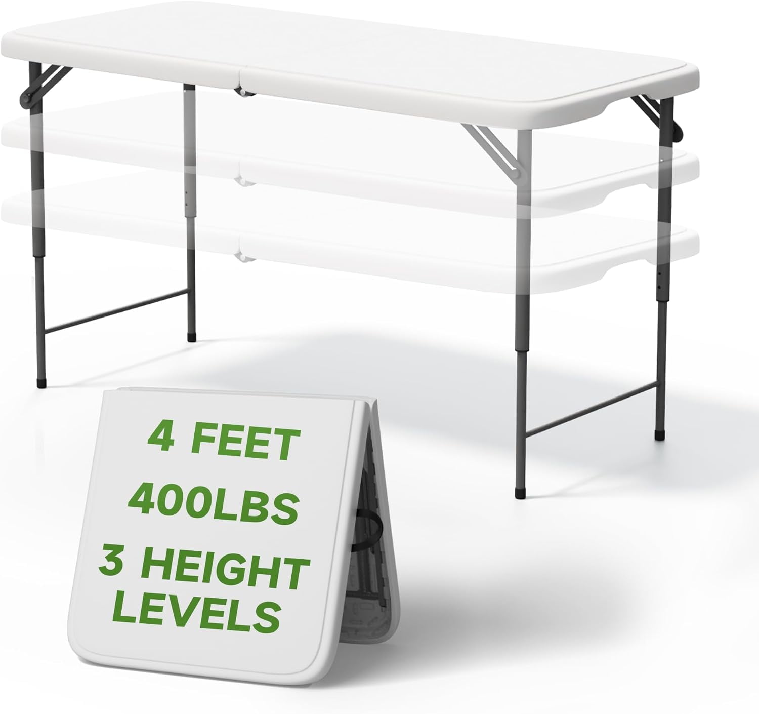 Folding Table 4 Foot - 3-Position Adjustable Height, Heavy Duty 400 lbs ...