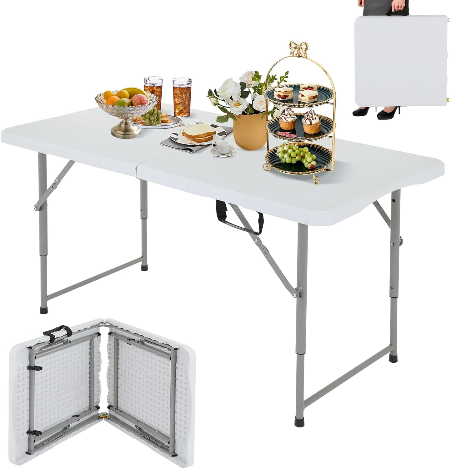 Folding Table 4 Foot Height Adjustable Foldable Table with Carrying ...
