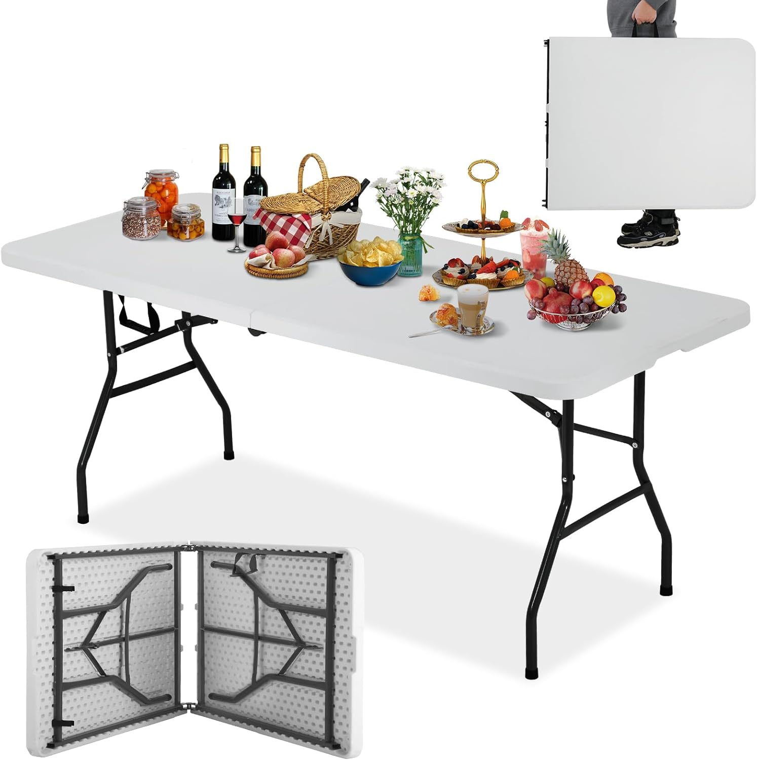 Folding Table 4 Foot Height Adjustable Foldable Table with Carrying ...