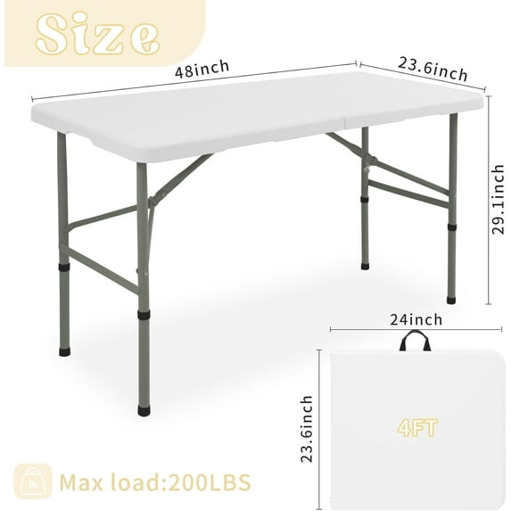 Folding Table 4FT Camping Table Portable Heavy Duty Plastic Rectangular ...
