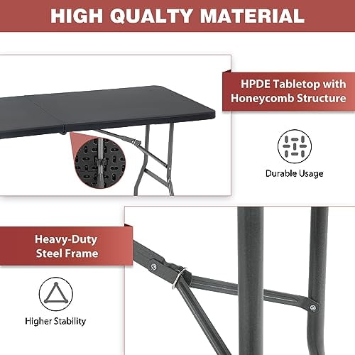 Folding Table 6 FT Heavy Duty Plastic Foldable Table with Carrying ...