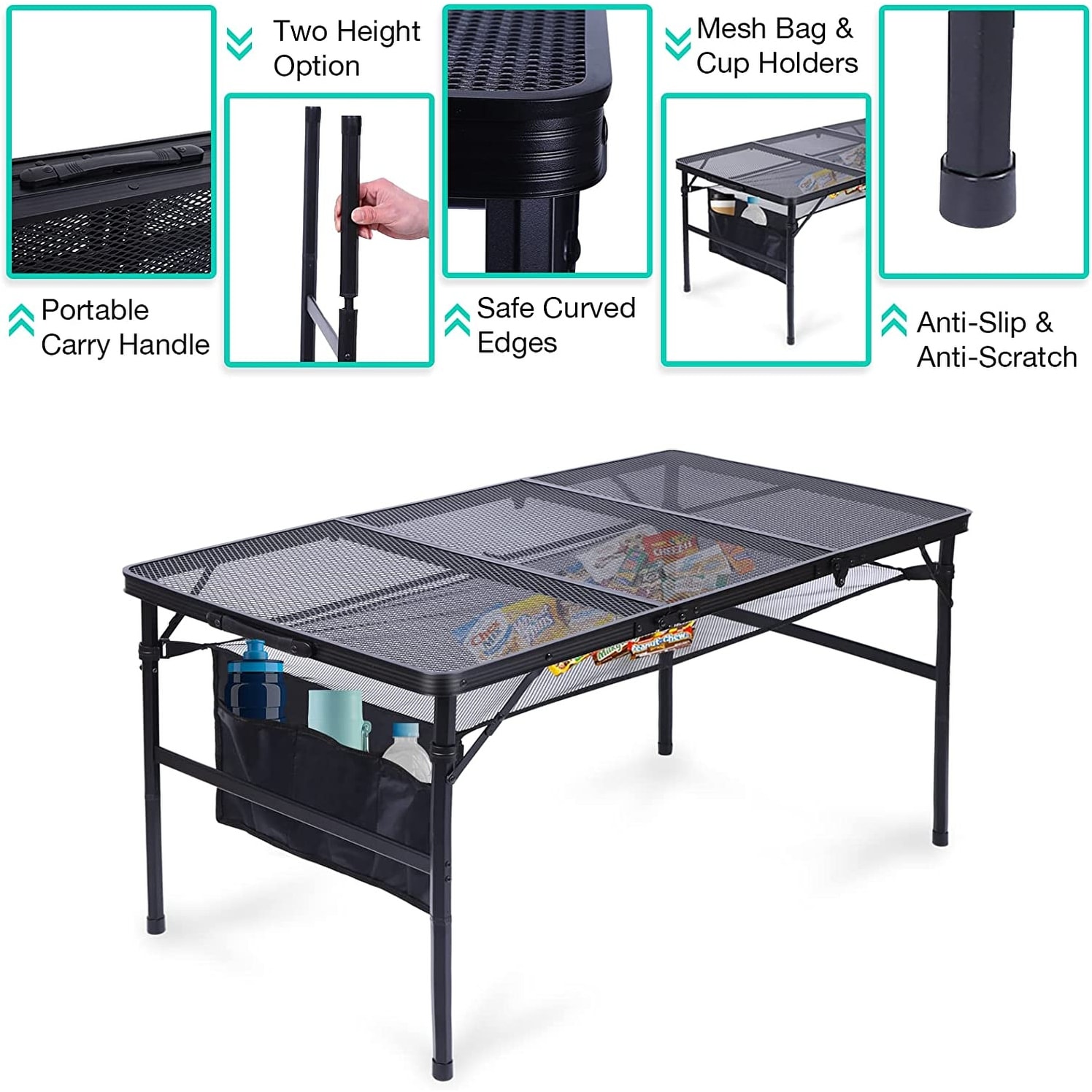 Folding Table Adjustable Height, Portable Camping Table with Mesh Bag ...