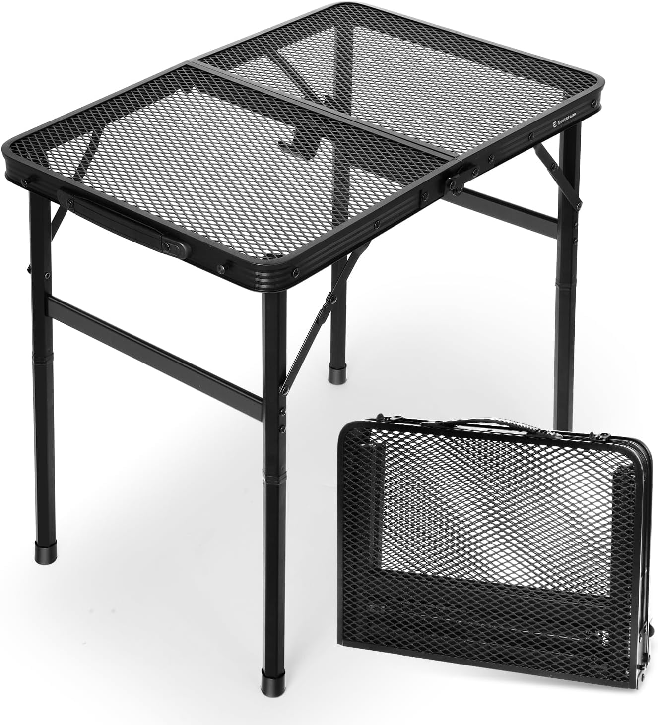 Folding Table with Carry Handle, Adjustable Height, Black Metal Mesh ...