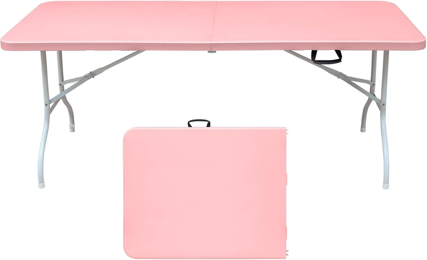 Folding Table with Carry Handle, Portable Fold-in-Half Plastic Table ...