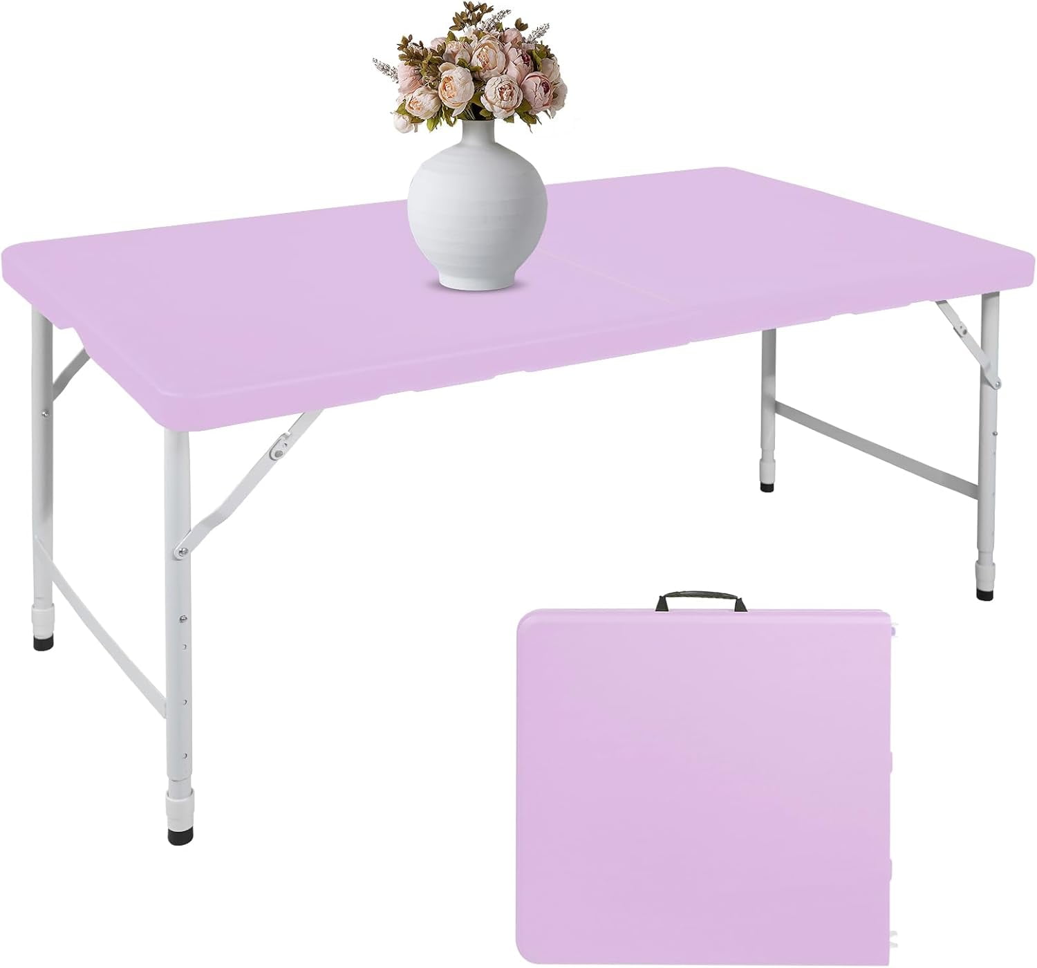 Folding Table with Carry Handle, Portable Fold-in-Half Plastic Table ...