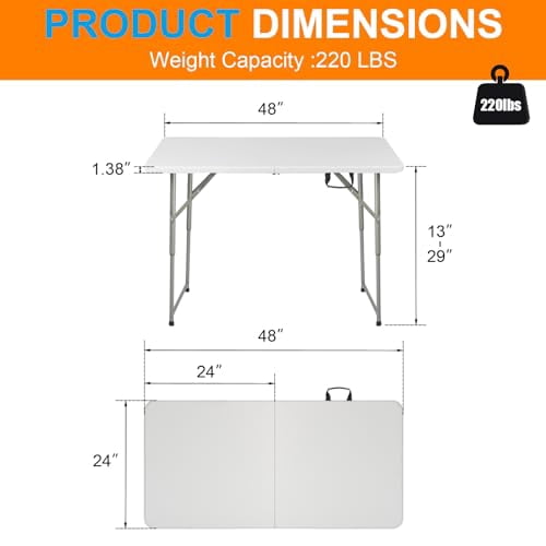 Folding Tables 4 Foot Small, Foldable Table Adjustable Height Desk ...
