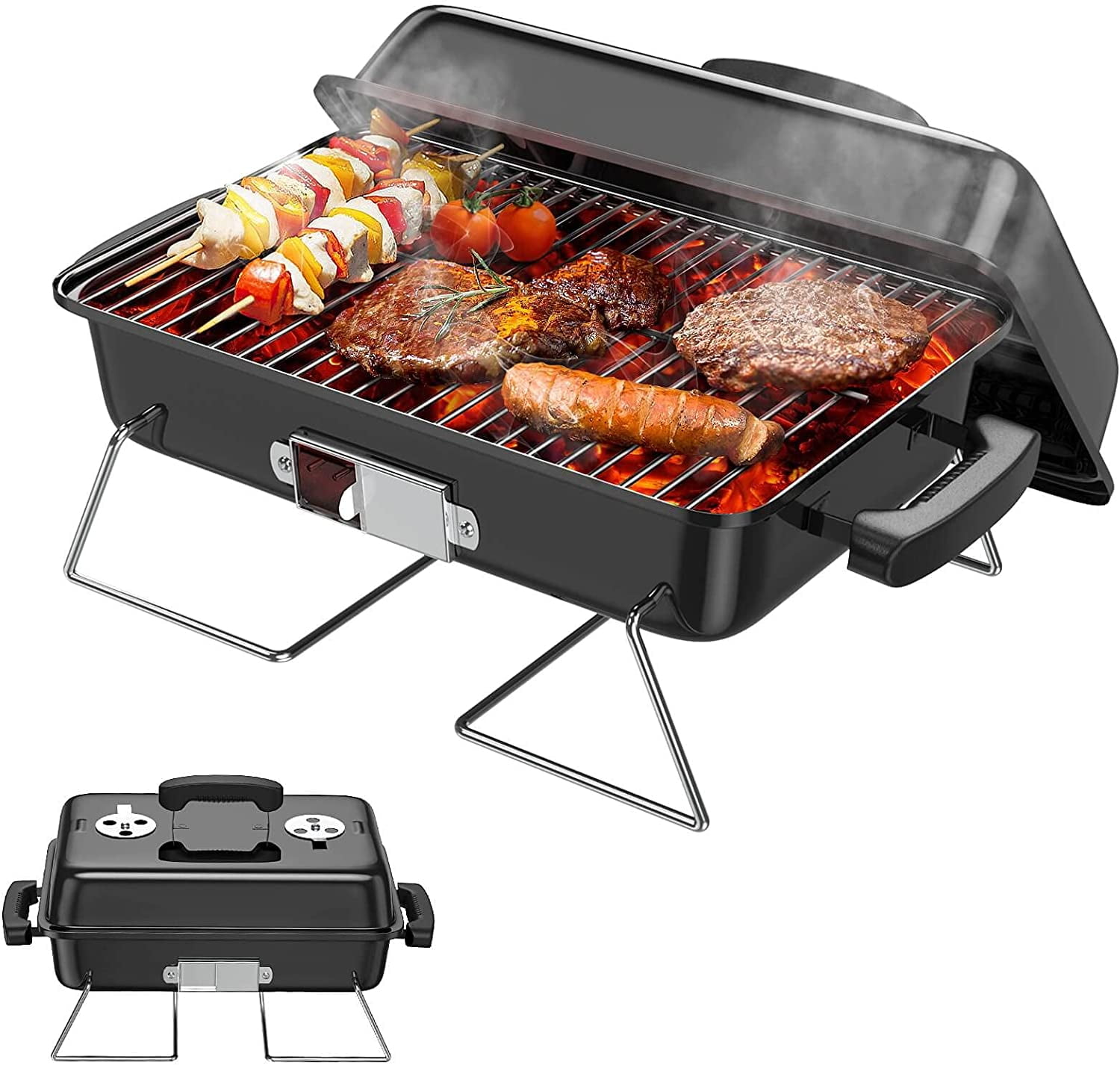 Folding Tabletop BBQ Grill, Portable Charcoal Grill with Lid, 180 Sq In ...