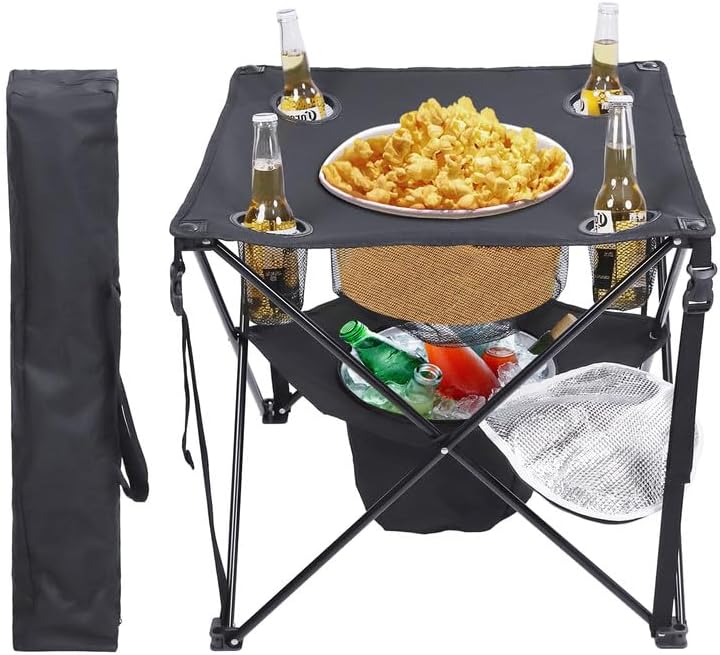 Folding Tailgating Table with Cooler,Lightweight Folding Camping Table w/Mesh Food Basket,4 Cup ...