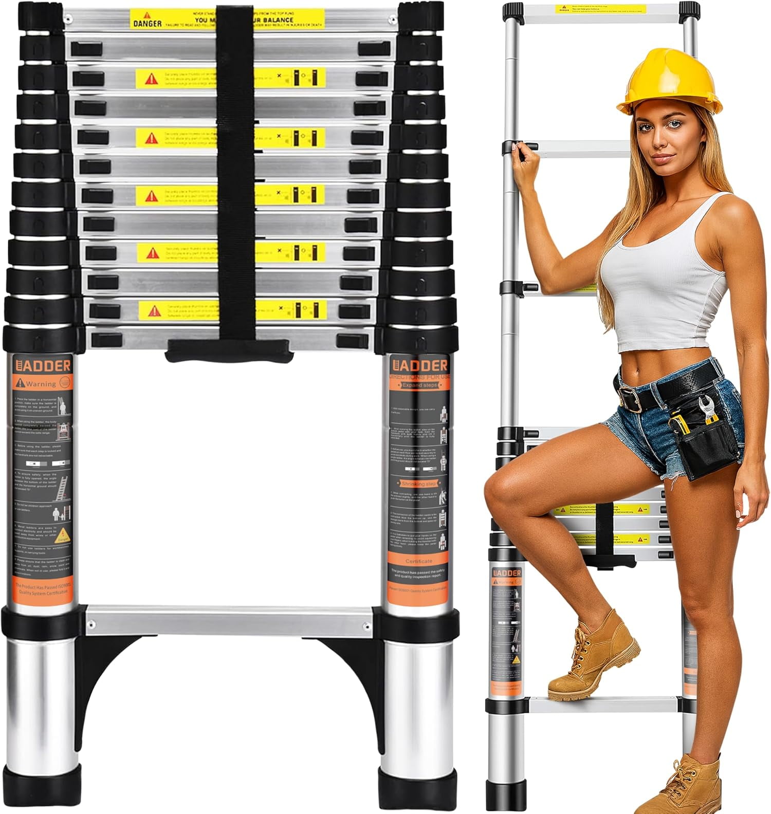 Folding Telescoping Ladder (Black ), 12.5 FT Extension Ladder Folding ...