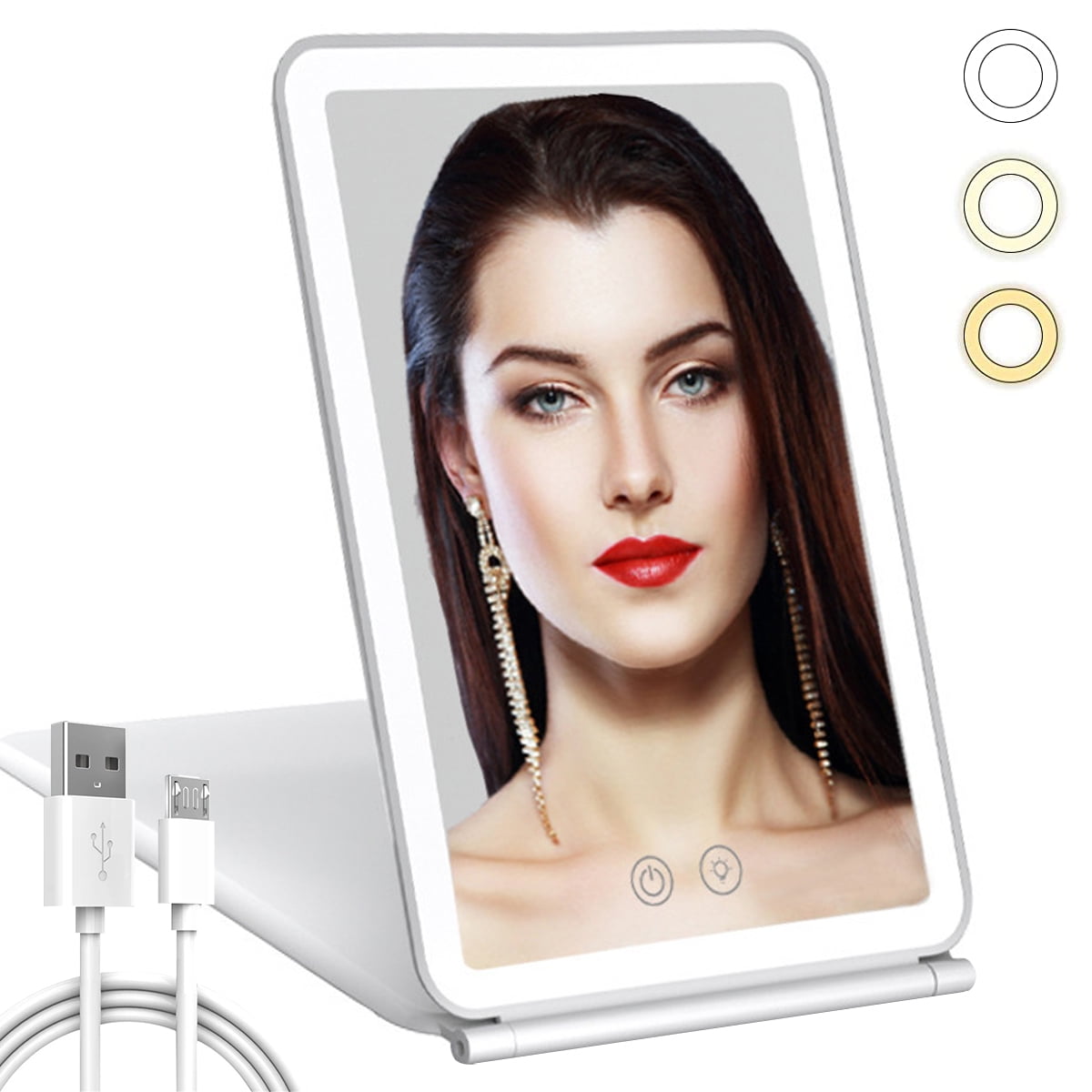 Folding Travel Lighted Makeup Mirror with 3 Colors Light Modes USB ...