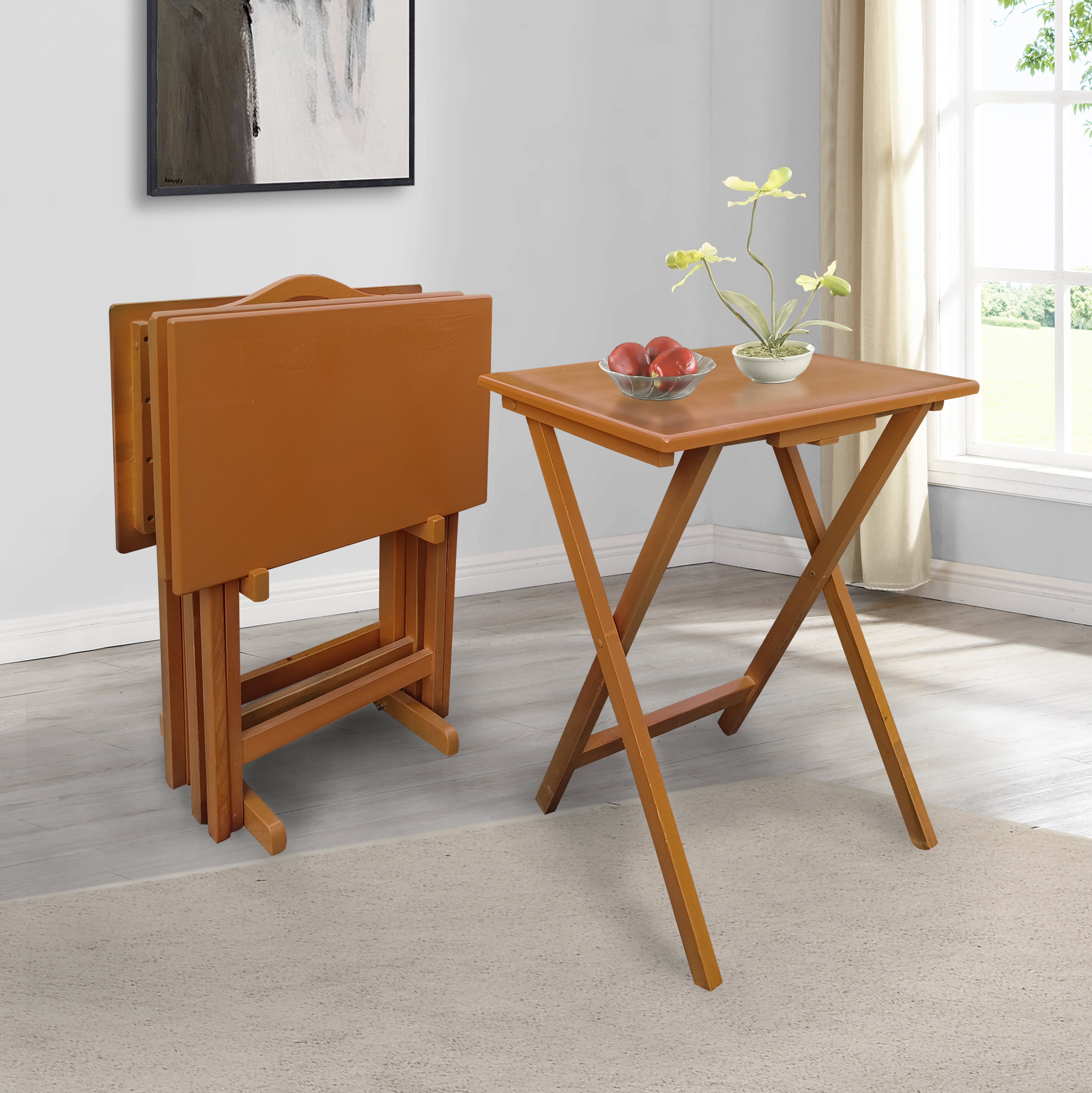 Folding Trays with Storage Rack,Snack Table - Set of 4, Chestnut ...