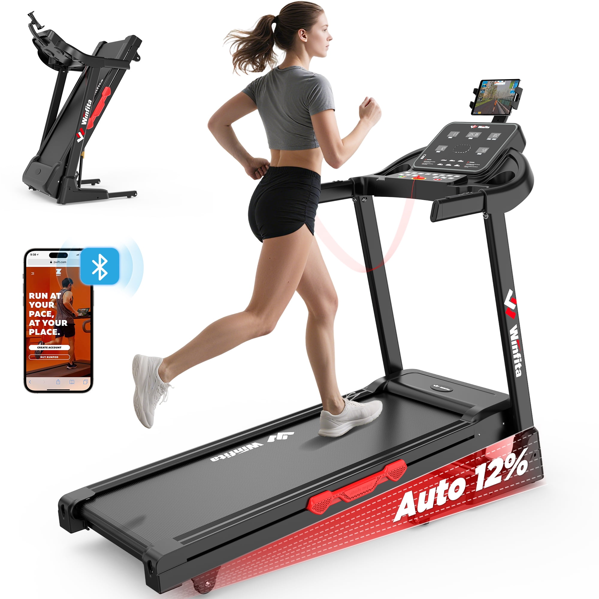 3.5HP Folding Treadmill 300lb Capacity, 12 Levels Auto Incline ...