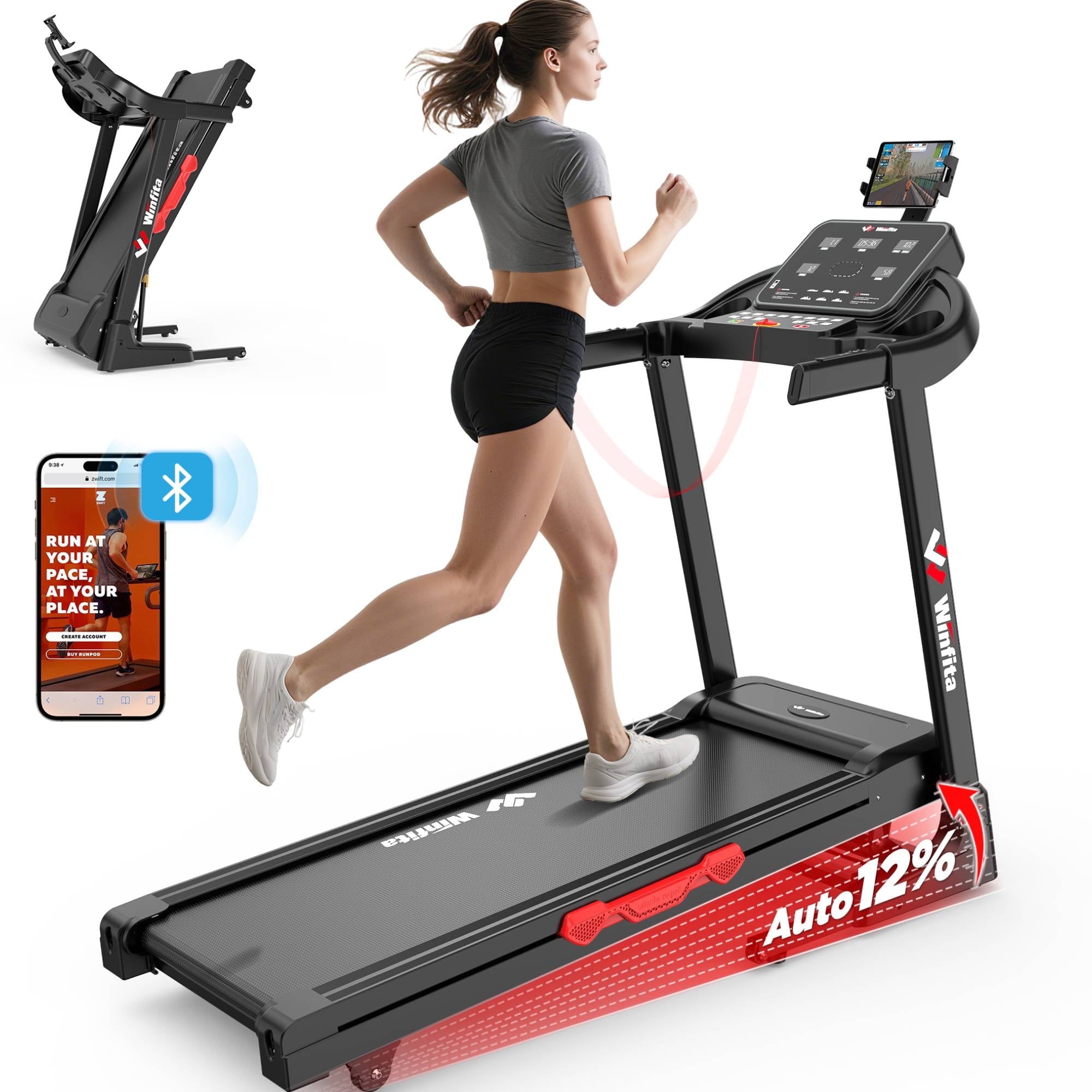 3.5HP Folding Treadmill 300lb Capacity, 12 Levels Auto Incline ...