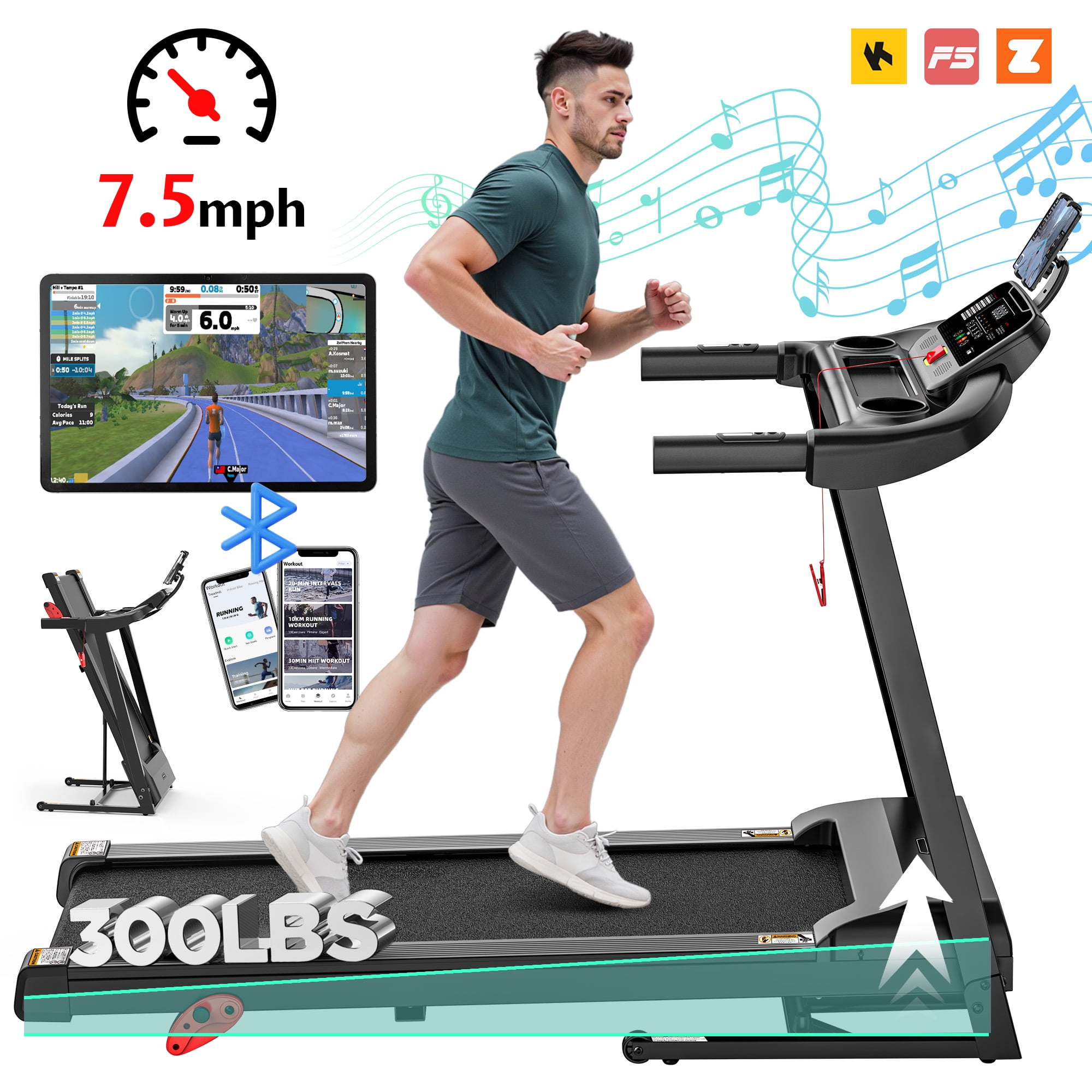 Folding Treadmill 300lbs Capacity for Home Gym, 2.75HP Silent Brushless ...