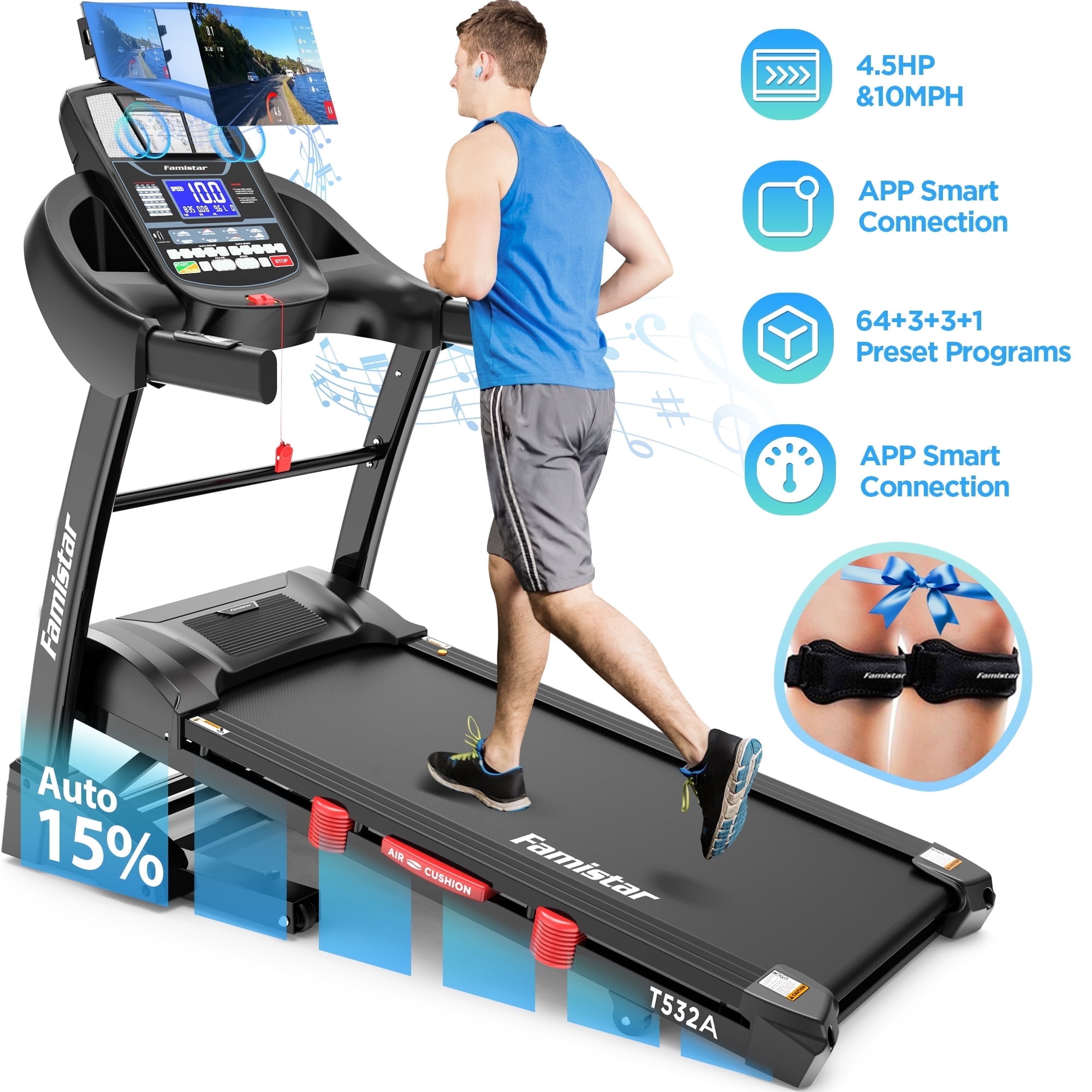 Folding Treadmill w/ 15% Auto Incline, 4.75HP Quiet Motorized Treadmill ...