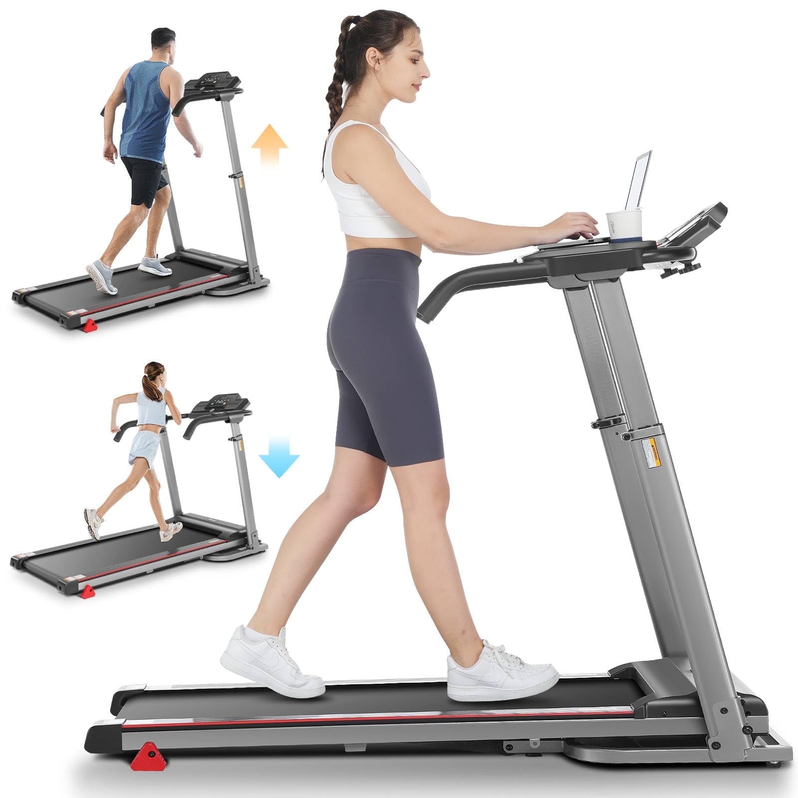 FUNMILY Collapsible Cardio Walking Treadmill with Removable Desk, Adjustable Height, 300lb ...