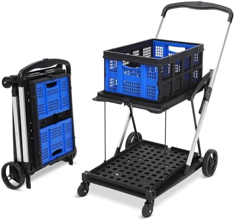 Folding Trolley with Wheels & Storage Crate, Double Layer Portable ...