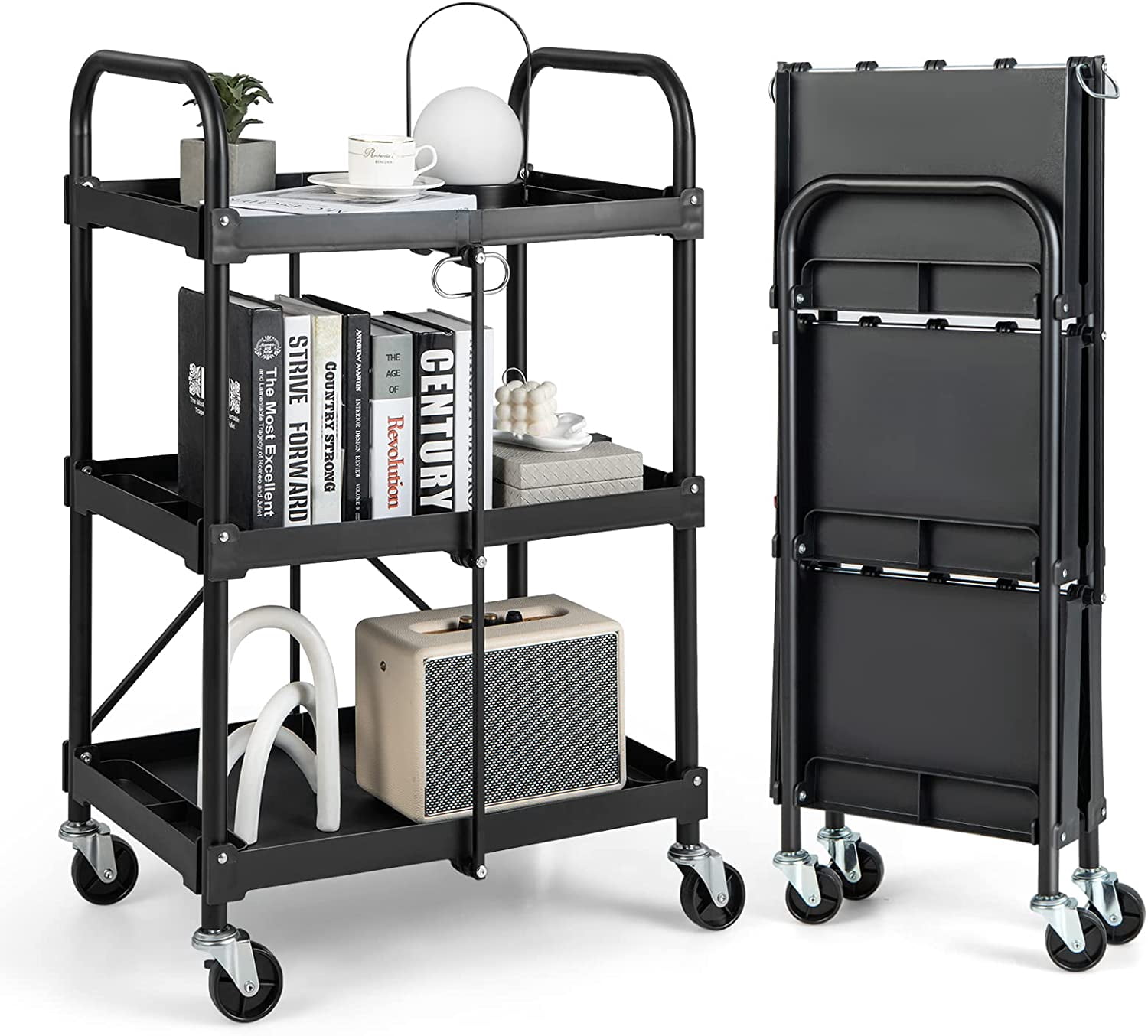 Folding Utility Cart, 3-Tier Rolling Tool Cart w/Lockable Wheels ...