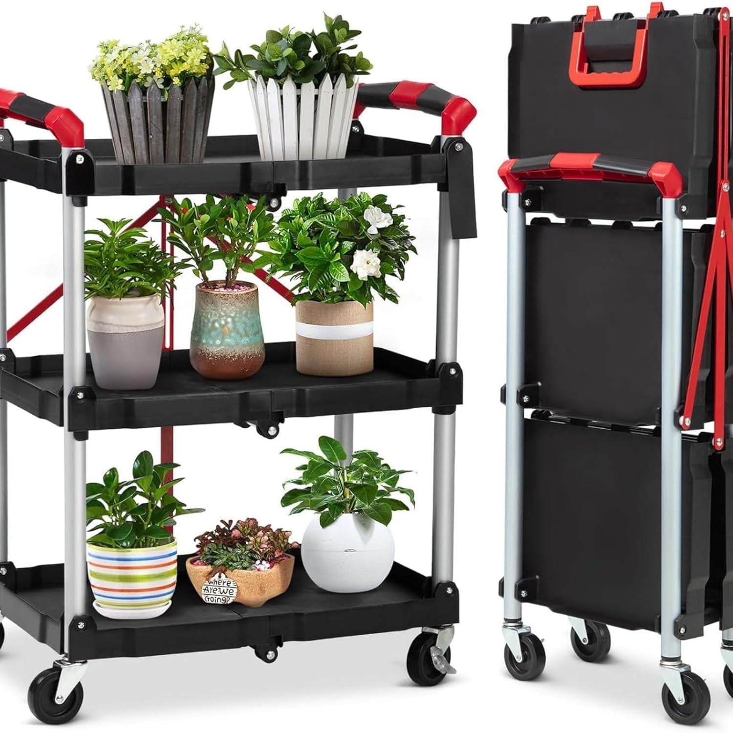 Folding Utility Cart, 3-Tier Rolling Tool Cart w/Lockable Wheels, Foldable Utility Service Cart ...