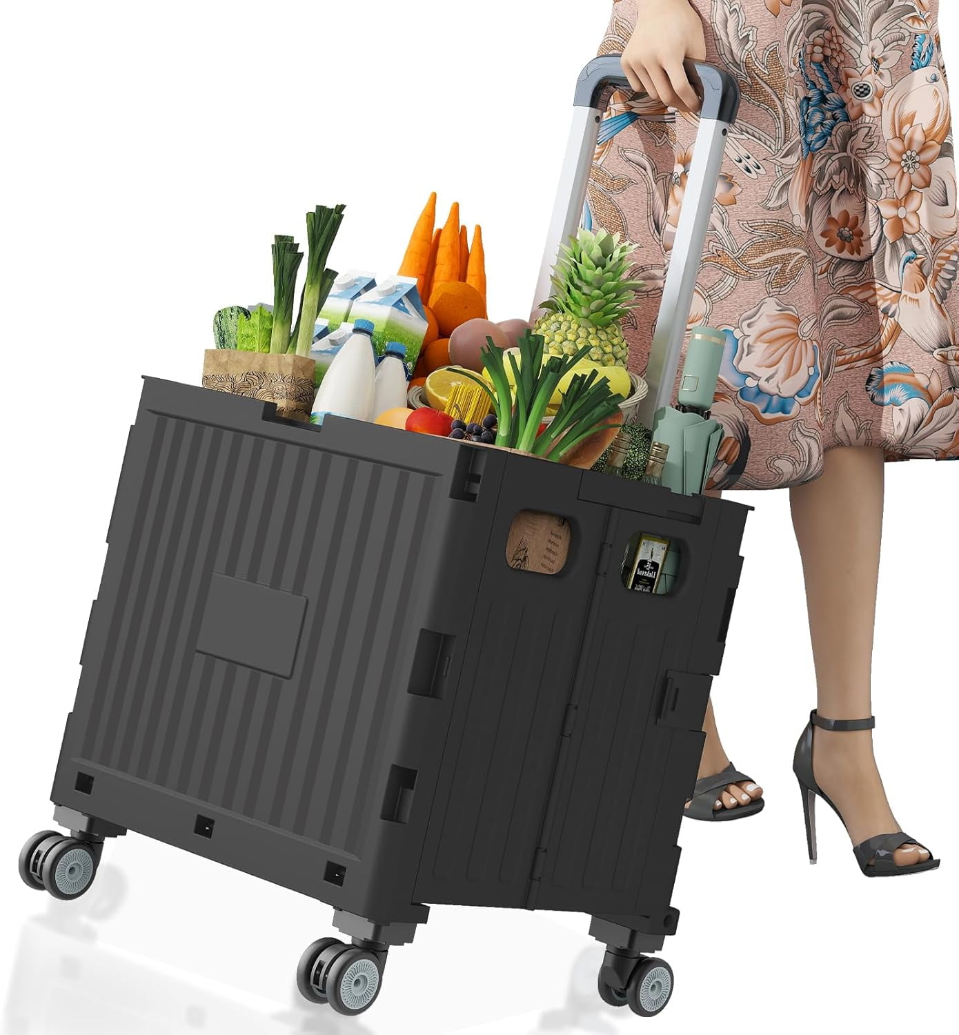 Folding Utility Cart with 4 Wheels,Foldable Cart with Telescoping ...